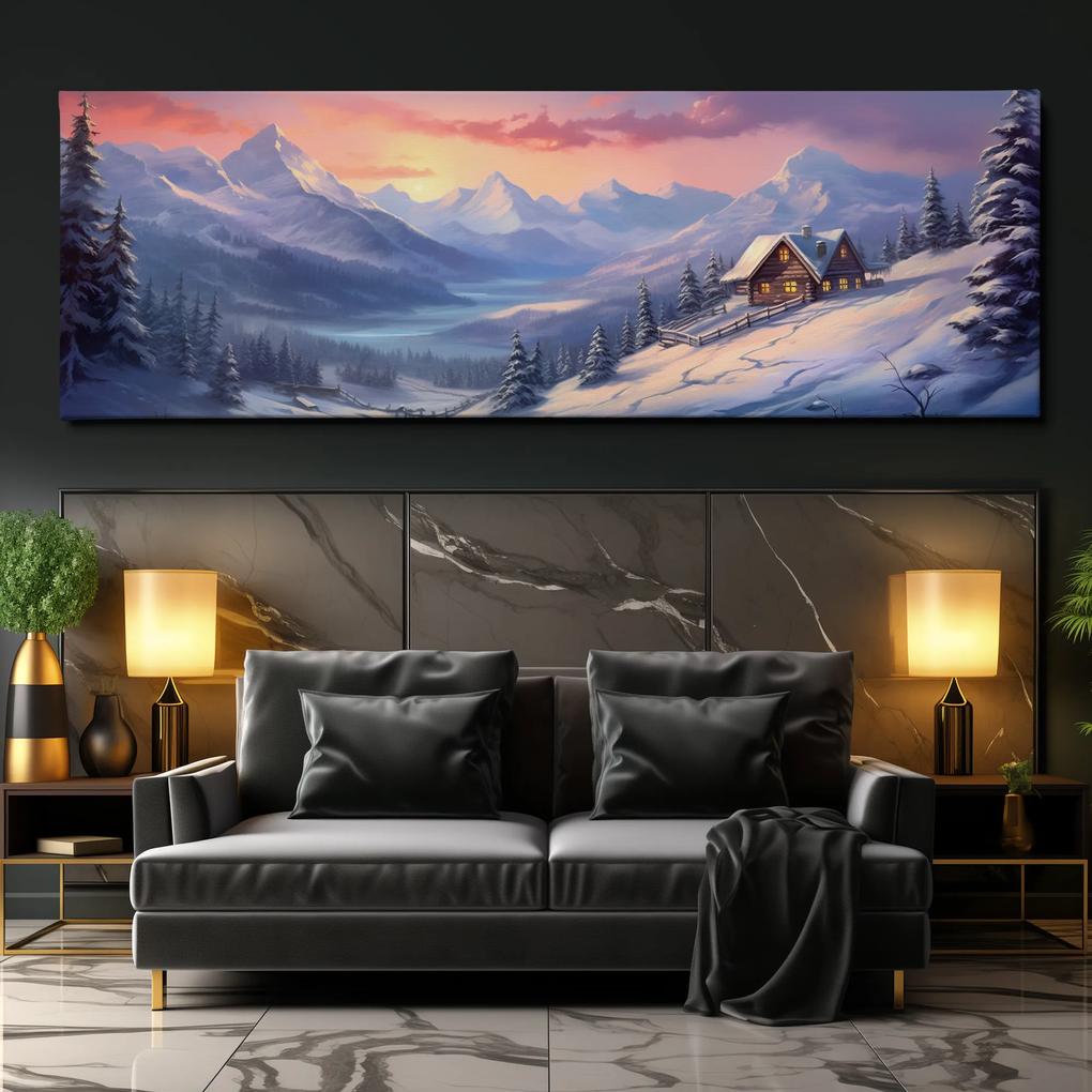 Obraz na plátně - Zimní krajina s horami a chatou FeelHappy.cz Velikost obrazu: 180 x 60 cm