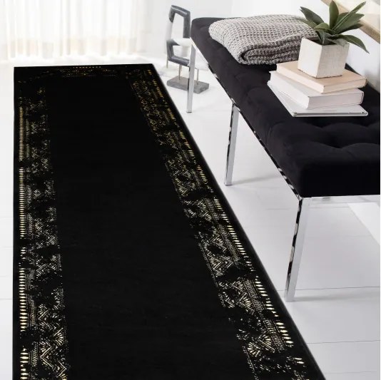 Dywany Łuszczów, Koberec běhoun Gloss 408C 86 geometric black/gold, 80x300, černá, obývací pokoj