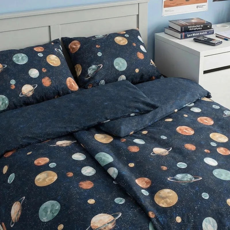 SCANquilt povlečení KLASIK PLUS planets+galaxy tmavě modrá 140 x 200/70 x 90 cm