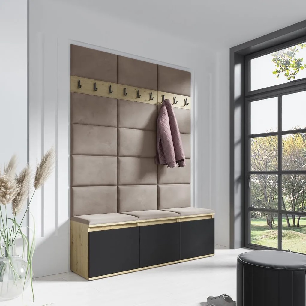 Eka Předsíňová stěna s čalouněnými panely Trinity 6 - Dub Artisan s černou / Tmavá béžová 2305