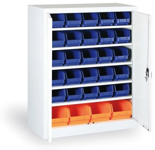 Skříň s plastovými boxy BASIC - 1150 x 400 x 920 mm, 30xB/4xC, šedá/šedé dveře