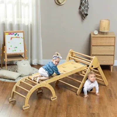 AIYAPLAY 5 v 1 skládací dřevěný lezecí trojúhelník s obloukovým lezeckým prvkem pro děti, 178 x 64,5 x 63 cm, přírodní dřevo