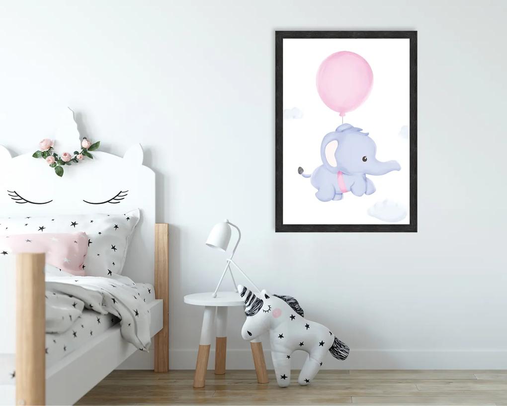 Plakát zvířátka sloník na balónku - Obraz, Plakát Velikost: B2 - 50x70 cm, Volba rámu: s bílým rámem