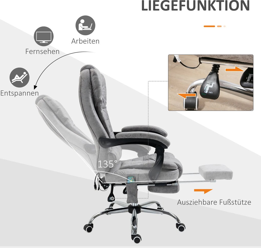 Vinsetto Masážní Hřejivá Kancelářská Židle Ergonomická S Nastavitelnou Výškou A Sklopným Opěradlem Z Mikrovlákna Šedá