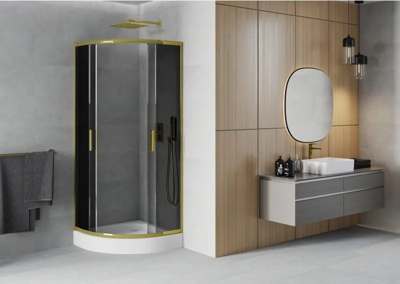 Mexen Rio, čtvrtkruhový sprchový kout s posuvnými dveřmi 80 (dveře) x 80 (dveře) x 190 cm, 5mm šedé sklo, zlatý profil + bílá sprchová vanička RIO, 863-080-080-50-0-4710