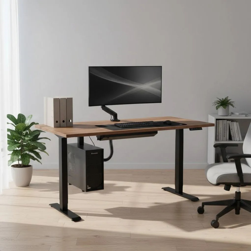 Výškově nastavitelný stůl OfficeTech A, 140 x 80 cm, černá podnož, dub silverjack
