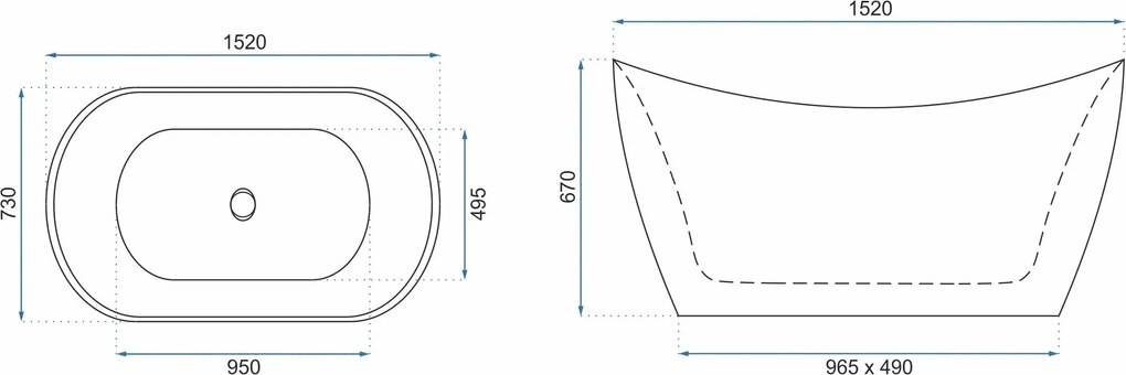 Volně stojící akrylátová vana REA FERRANO SLIM 150x73 cm bílý, sifon Click-Clack - černý