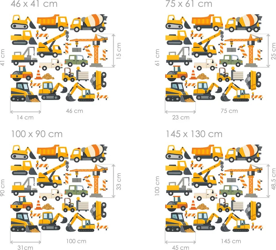 Stavební auta pro děti samolepky na zeď arch 75 x 61 cm
