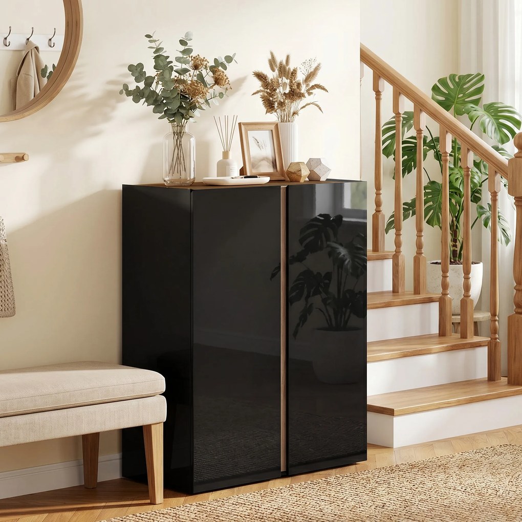Skříňka na boty HOMCOM s bezpečnými soft‑close dveřmi, 6 polic, až 18 párů, bezúchytový design, vysoce lesklá černá