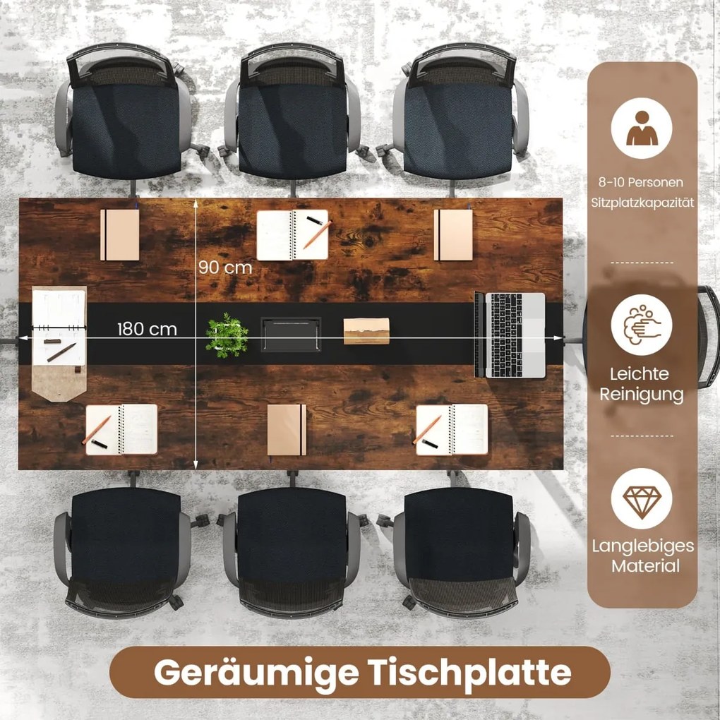 Costway Konferenční stůl pro 8-10 osob obdélníkový – 180 × 90 cm, hnědý