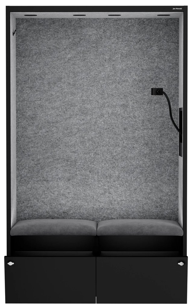 Kancelářská akustická kabina se sedátkem a USB-C portem, korpus černý / sedák šedá, 1150 mm: SALLY MentalBox
