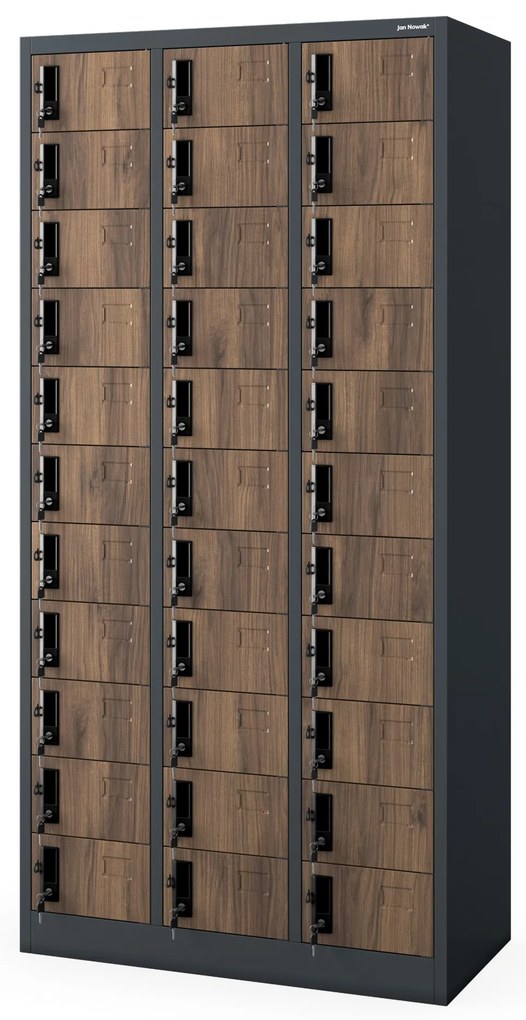 Depozitní skříňka s 33 uzamykatelnými boxy, bílá antracit/ořech, 900x1850x450 mm: OLIVER Eco Design
