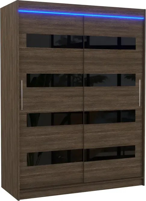 Posuvná skříň s lacobelem a LED osvětlením MARTINEZ 150 choco (150 x 200) cm – 6 polic pro přehledné uložení