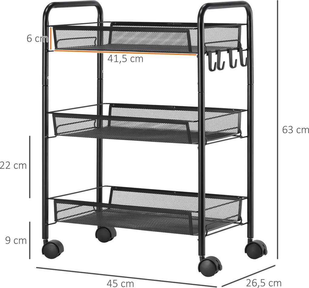 HOMCOM 3-patrový vozík do kuchyně a koupelny s košíky, pojízdný úložný vozík 45 x 26,5 x 63 cm Černý