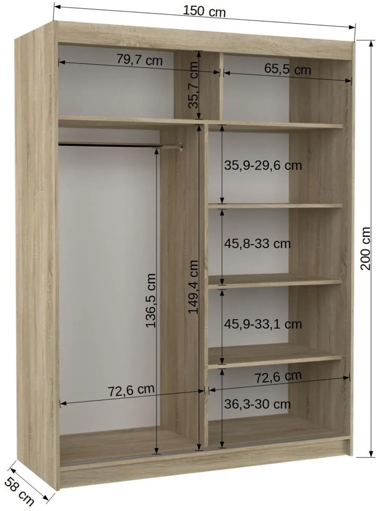 Šatní skříň s posuvnými dveřmi Marvin - 150 cm Barva: Bílá/dub Sonoma