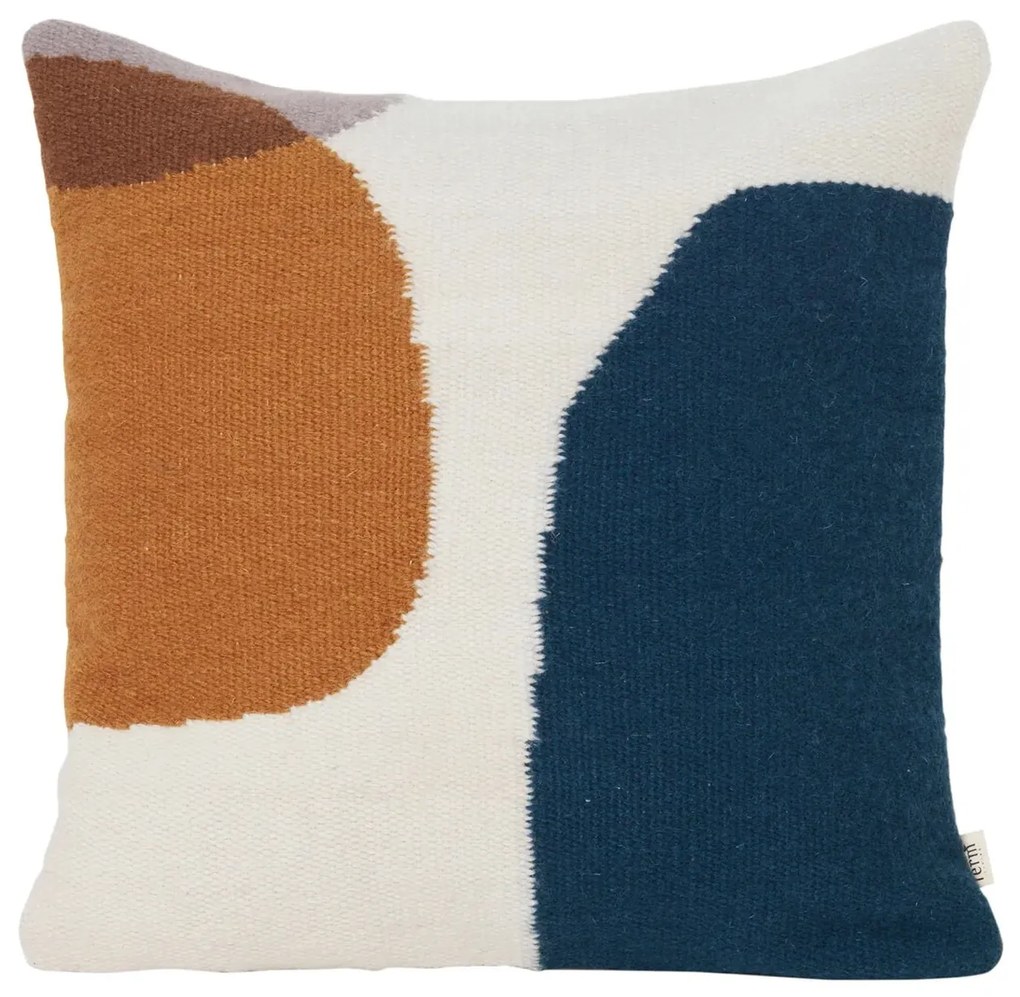 ferm LIVING Vlněný polštář s výplní Kelim Merge 50x50 cm, modrá barva, oranžová barva, hnědá barva, krémová barva, textil