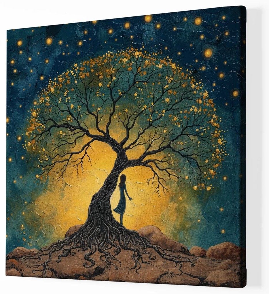 Obraz na plátně - Strom života a dívka Sunrael FeelHappy.cz Velikost obrazu: 110 x 110 cm