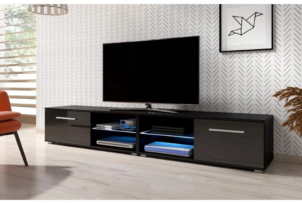 VIVALDI Televizní stolek MOON 200 cm černý mat / lesk s LED osvětlením