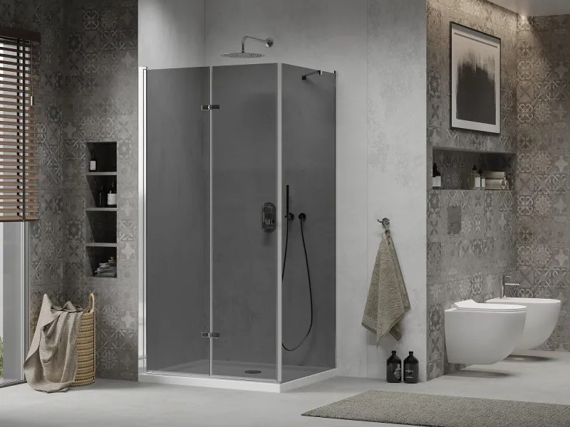 Mexen Lima, sprchový kout se skládacími dveřmi 100 (dveře) x 80 (stěna) cm, 6mm šedé sklo, chromový profil + slim sprchová vanička bílá + chromový sifon, 856-100-080-01-40-4010
