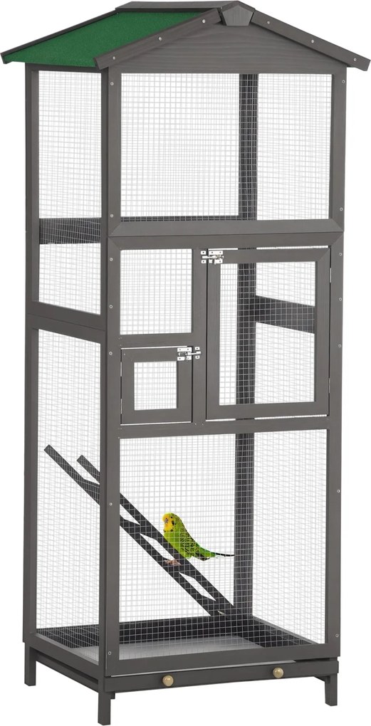 PawHut Velká Klec pro Ptáky z Masivního Dřeva s 2 Dveřmi, Asfaltovou Střechou a Odnímatelným Podnosem - 68 x 63 x 165 cm Šedá
