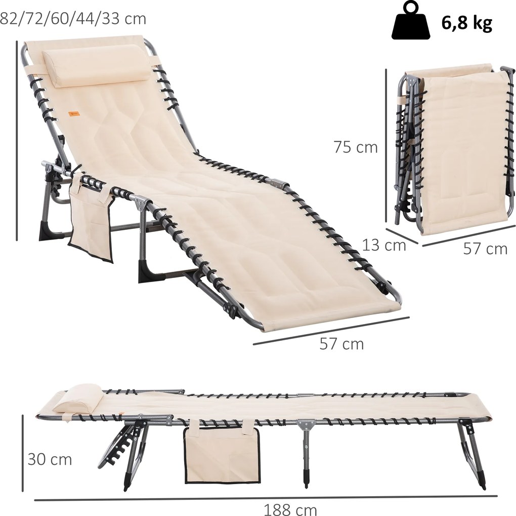Lehátko, Skládací zahradní lehátko, Skládací lehátko s polštářem, 5stupňové opěradlo, Oxfordská tkanina, 188 x 57 x 30 cm, Béžová barva