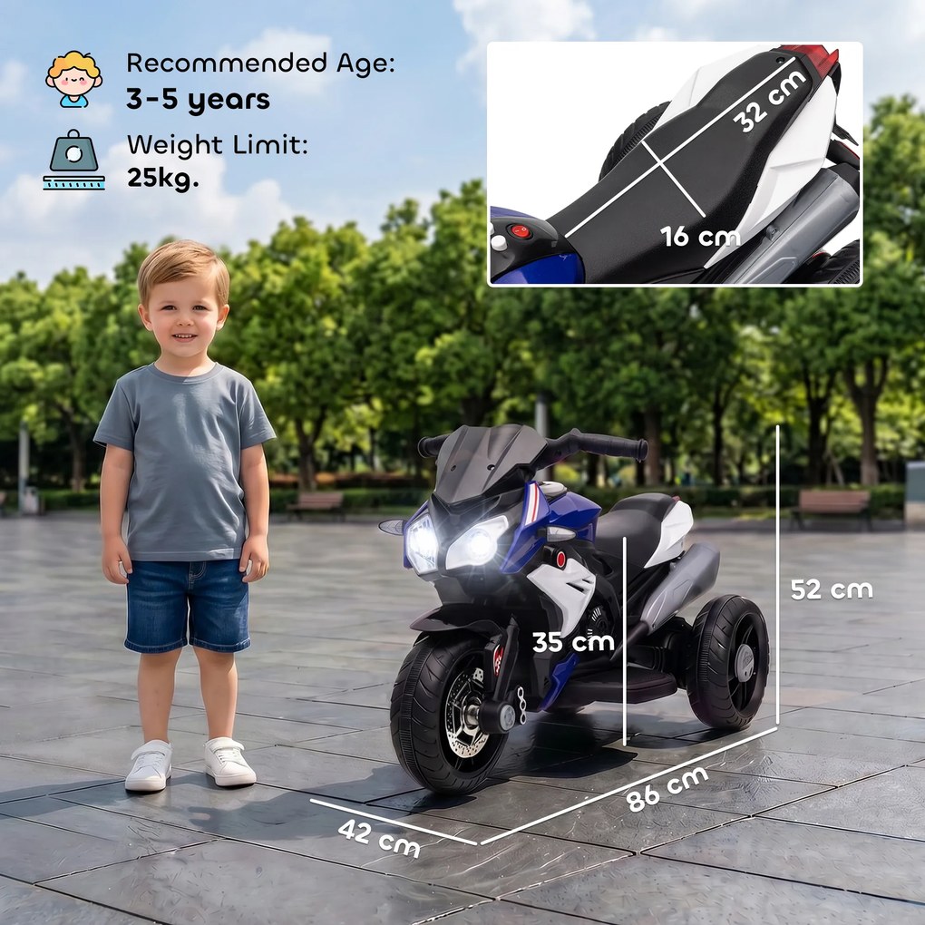 HOMCOM Dětská elektrická motorka se 3 koly pro děti od 3 let s 6V dobíjecí baterií, hudební klakson, světlomety 86x42x52 cm černá a modrá