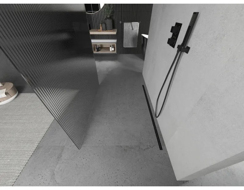 Mexen Kioto, sprchová zástěna Walk-In 110 x 200 cm, 8mm sklo s žebrovým vzorem, černý profil, 800-110-002-70-09