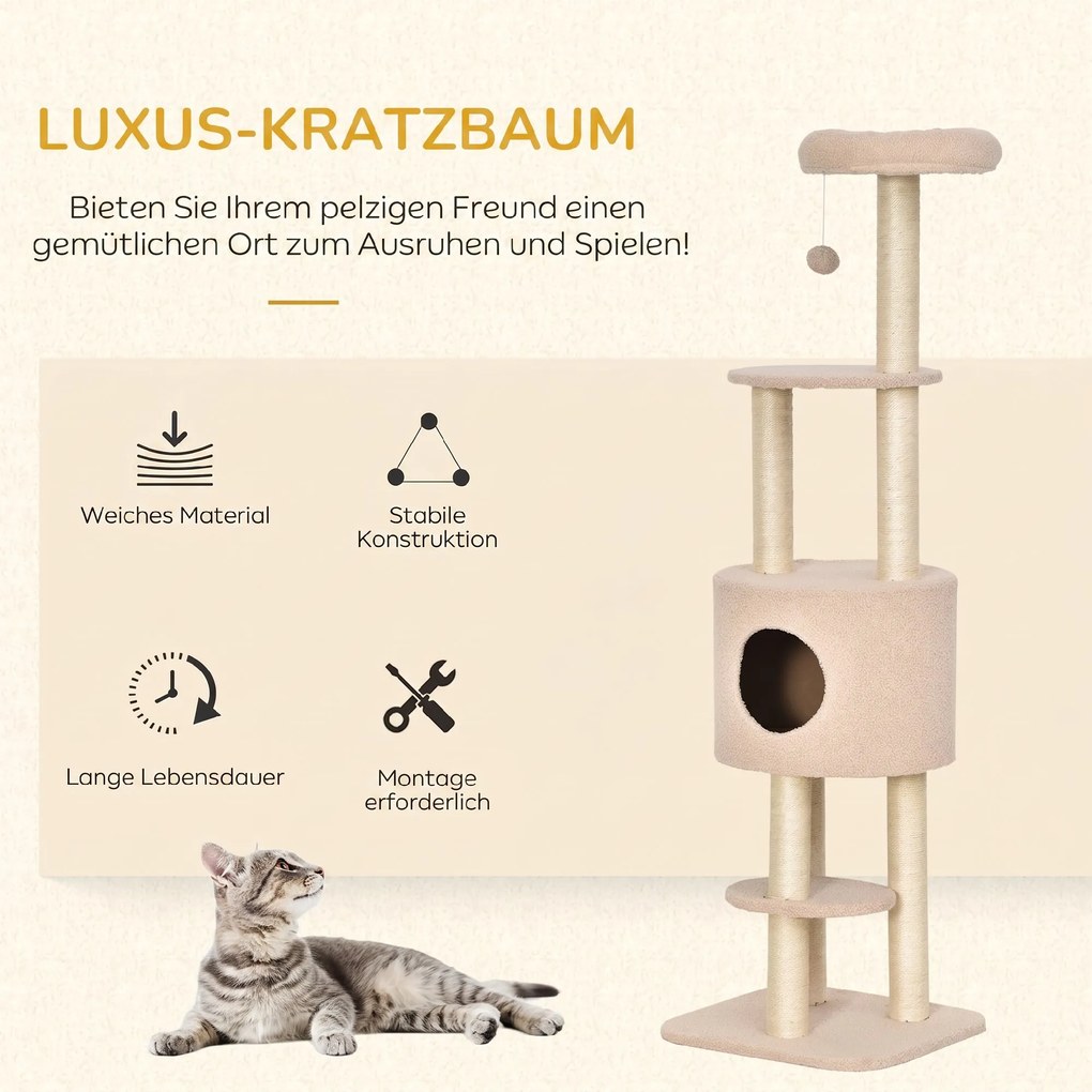 PawHut Kočičí škrabadlo Výška 148 cm Kočičí věž se sisalovými sloupky 3 platformy Dům a zavěšená kulička Béžová