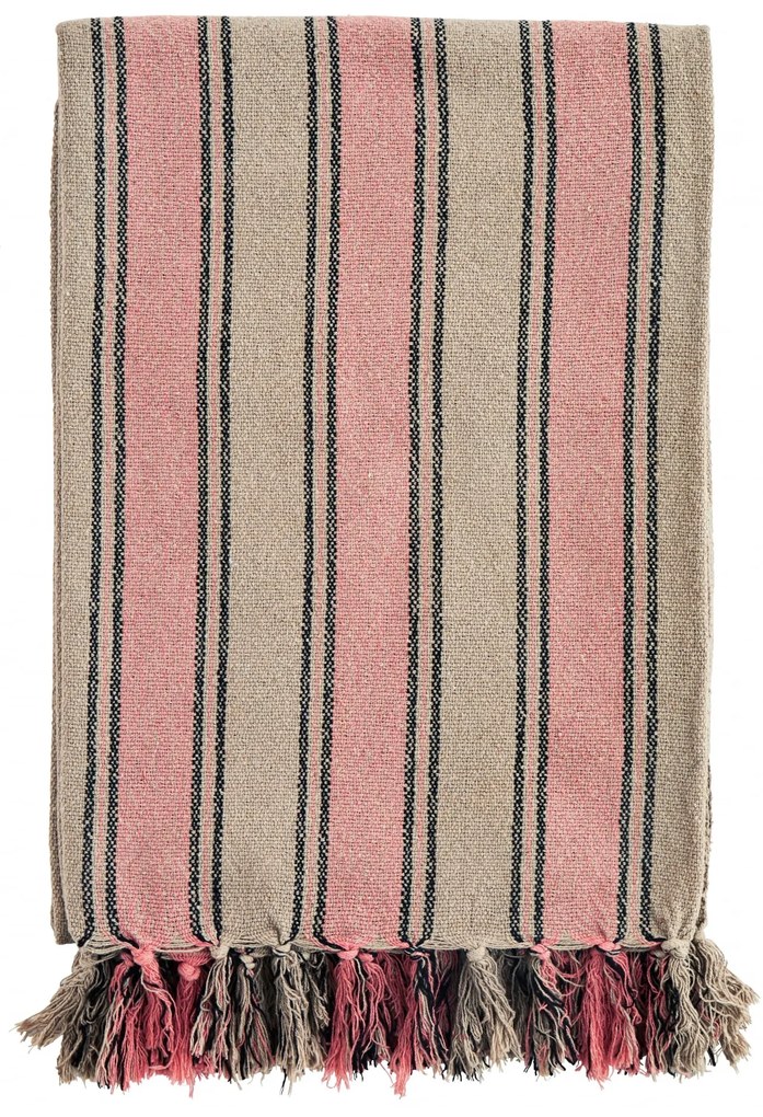 MADAM STOLTZ Přehoz z recyklované bavlny Stripe Fringes 125 × 175 cm, růžová barva, textil