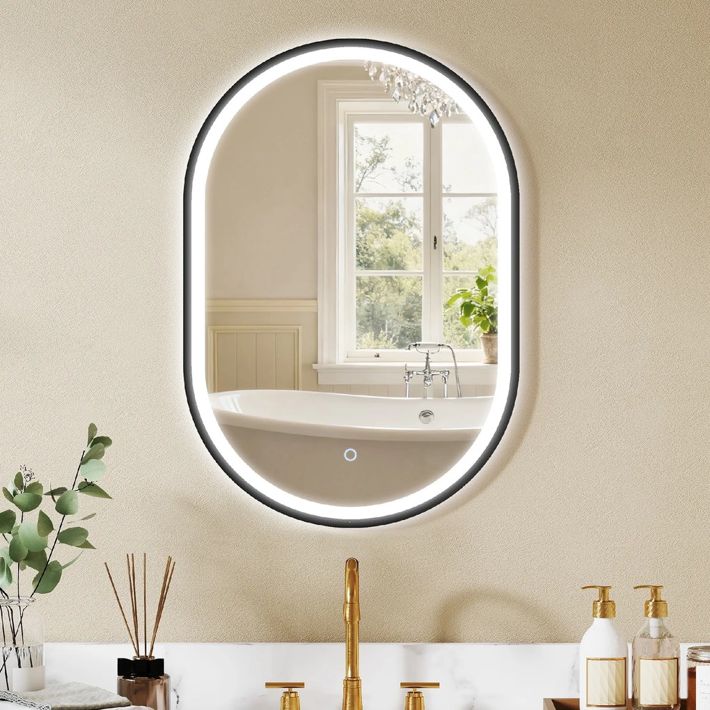 HOMCOM zrcadlo do koupelny s LED osvětlením 50x70 cm, nástěnné osvětlené zrcadlo s dotykovým spínačem, 3 barevná světla