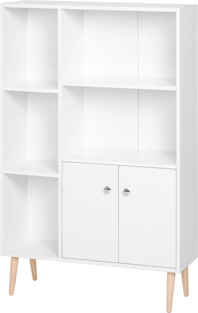 HOMCOM Skandinávská Knihovna s Úložným Prostorem, rozměry 80 Š x 23,5 H x 123 V cm, 5 nik, skříňka, 2 dveře, zúžené nohy z masivního borovicového dře…