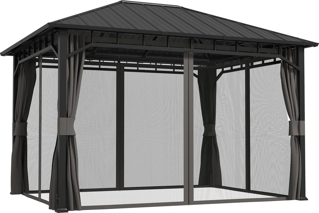 Zahradní pavilion Outsunny 4x3 m - Voděodolný, stabilní, zimní zahradní pavilion s bočními panely, vodními kanály, moskytiérou a háčky, z pozinkovanéh