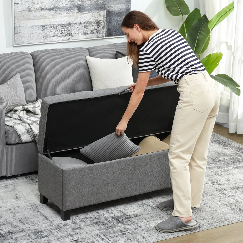 HOMCOM Lavice s úložným prostorem, polstrovaná lavice 120x40x48 cm s bezpečnostními panty, lněný vzhled, tmavě šedá