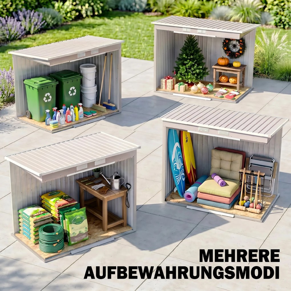 Zahradní domek Outsunny 3,2 m² 213x130x172 cm se sběrnými dveřmi a šikmou střechou, zesílený základ (podlaha není součástí) a 2 okna, Světlá šedá
