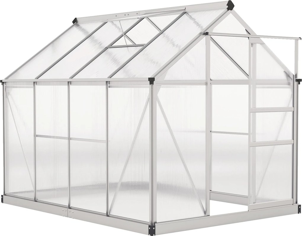 Outsunny hliníkový skleník, 4,79 m² (190 × 252 × 201 cm / 6'3" × 8'3" × 6'7"), základna, střešní ventilace, posuvné dveře, 4 mm UV-odolné panely – zah