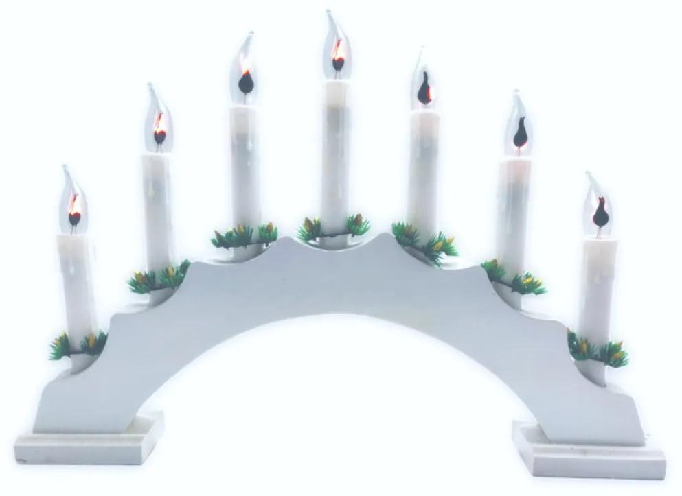 Vánoční dřevěný svícen ve tvaru oblouku, bílá, 7 svíček plamen, do zásuvky