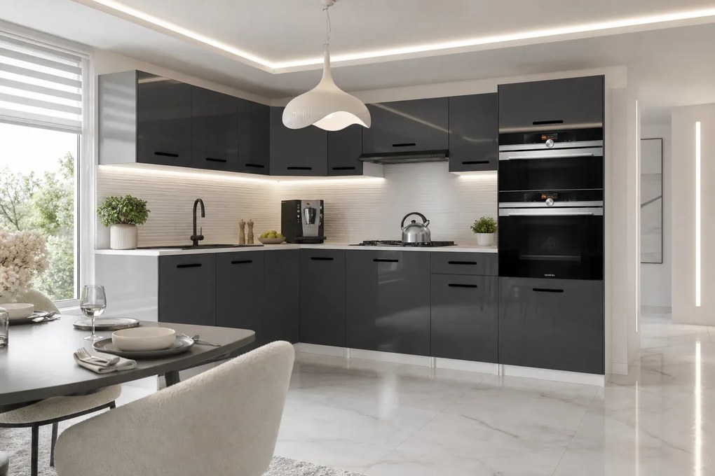 Kuchyňská linka Belini 420 cm šedý lesk s pracovní deskou Uniqagrande INF UNIQAGRANDE/5/WT/S/0/B1