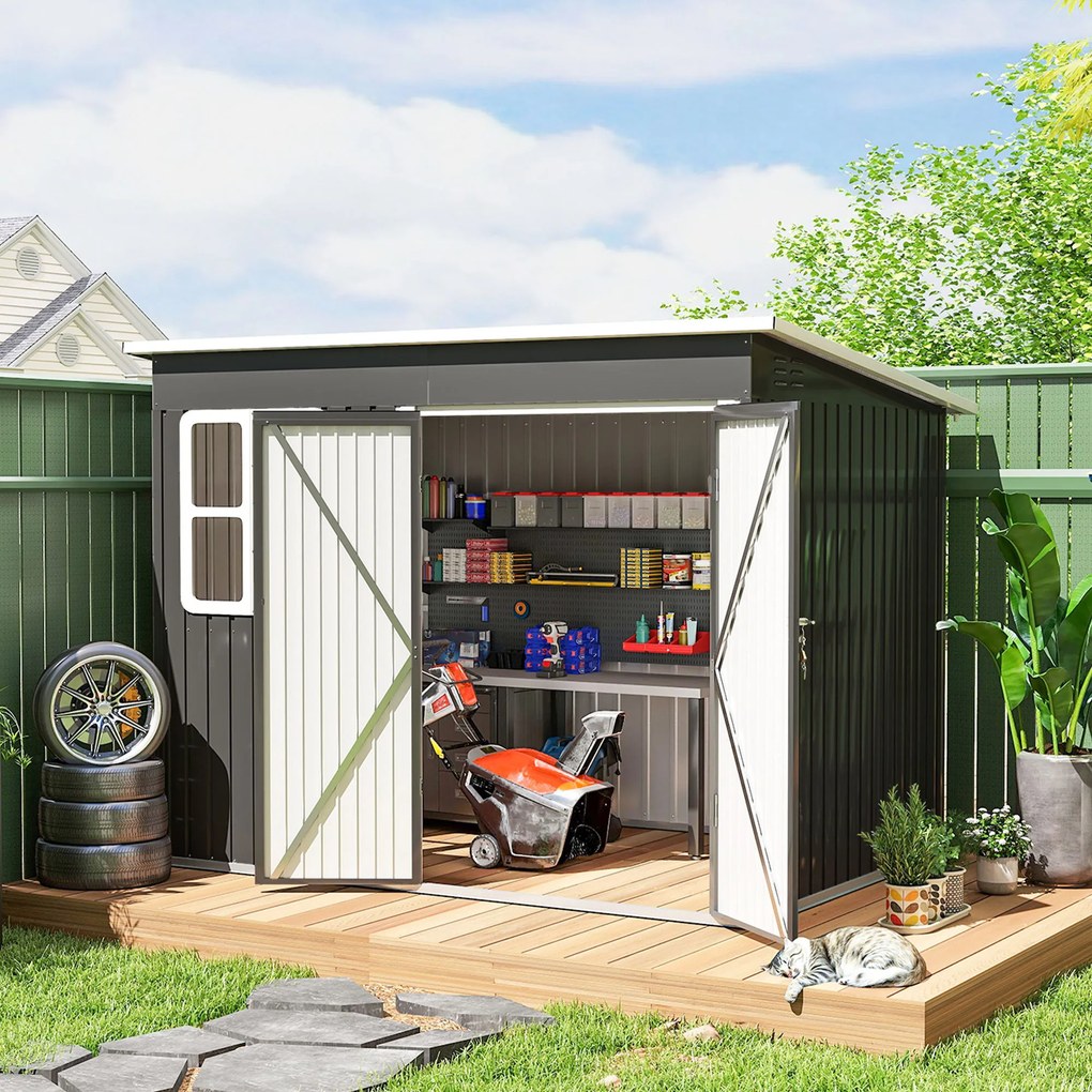 Outsunny Kovová Kůlna na Nářadí 4,13 m² 260 x 177 x 190 cm Skladovací Kůlna s Oknem, Šikmou Střechou a Zámkem, Voděodolný Zahradní Dům na Zahradu
