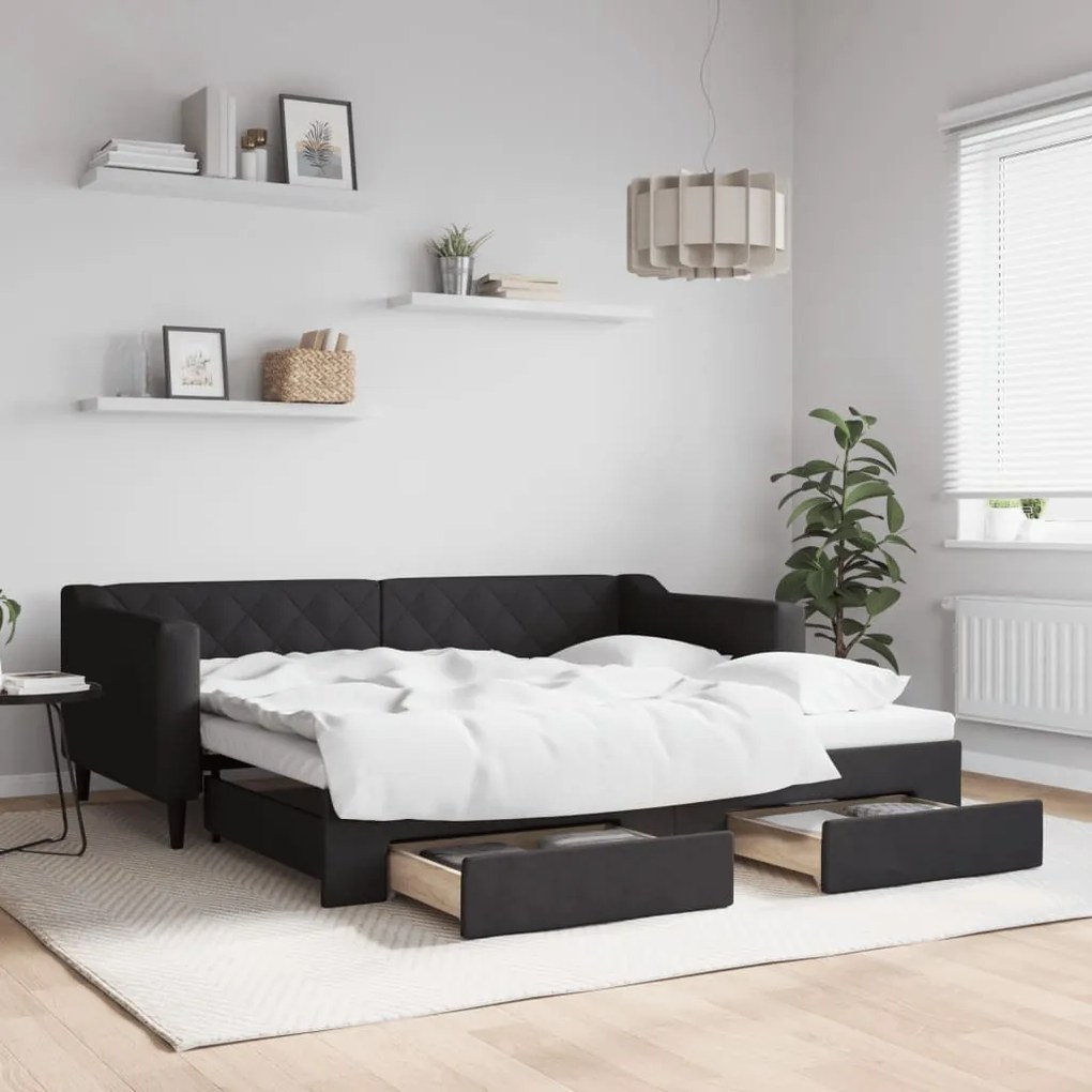 Válenda s přistýlkou a zásuvkami černá 90 x 190 cm textil 3197474