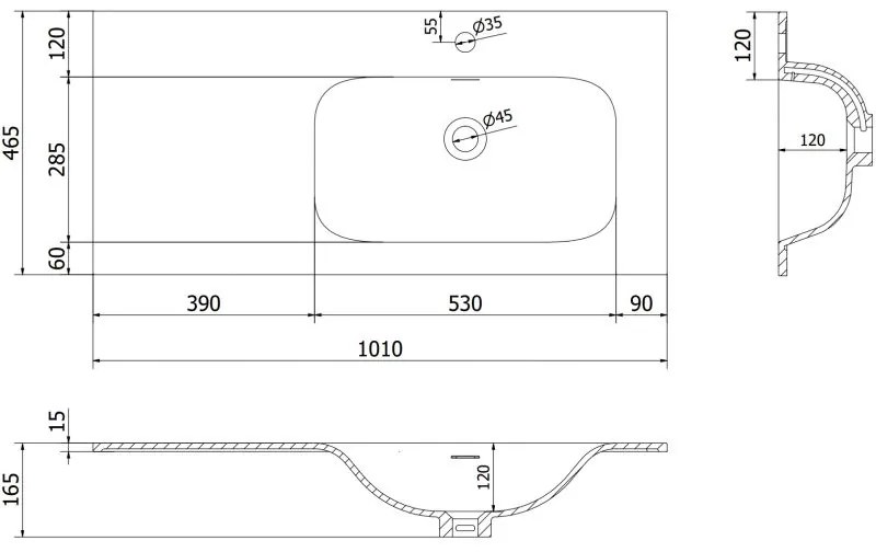 Mexen Vela, umyvadlo na zapuštění 101 x 46,5 cm, pravé, bílá matná, 25231001P