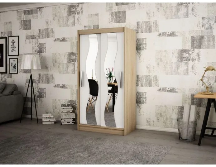 Šatní skříň s posuvnými dveřmi a ozdobnými zrcadly Herta 100 v barvě dub sonoma-bílá