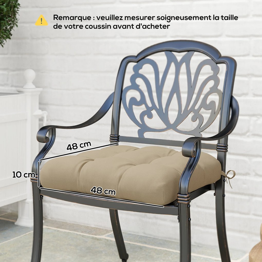 Souprava 4 zahradních polštářů Outsunny, prošívané venkovní polštáře, 10 cm výplň s vázáním, rozměr 48Š x 48H cm, Khaki