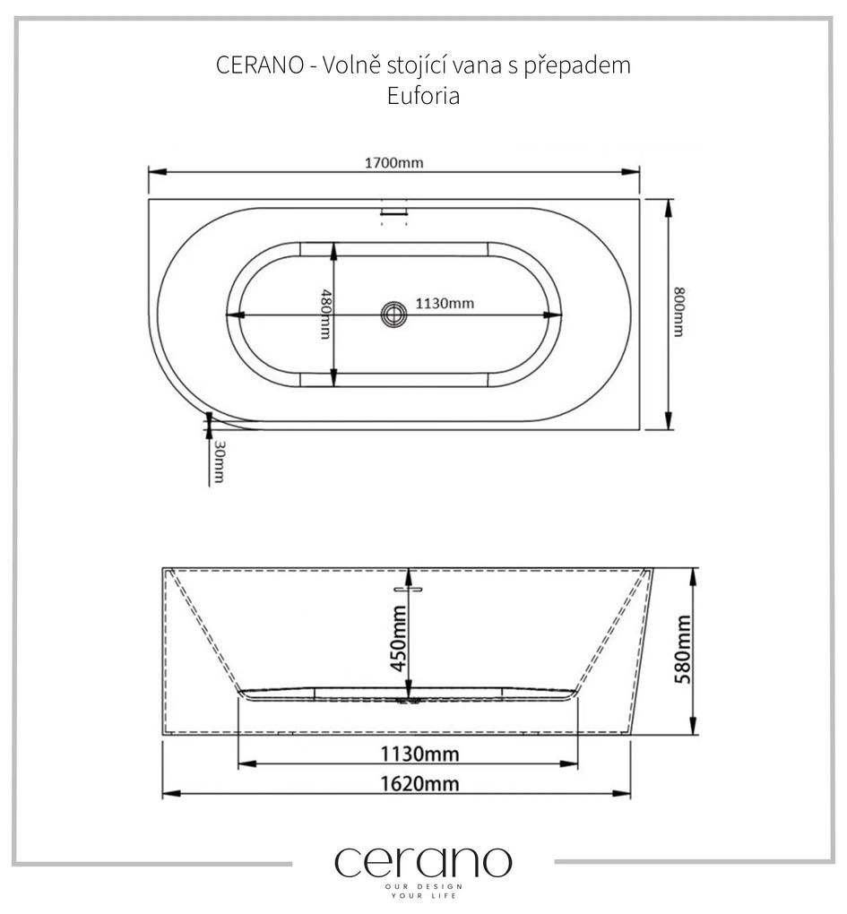 CERANO - Volně stojící vana s přepadem Euforia, pravá - bílá lesklá, chromový přepad - 170x80 cm