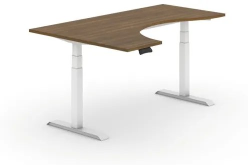Výškově nastavitelný stůl, elektrický, 625-1275 mm, ergonomický levý, 1800x1200 mm, ořech, bílá podnož