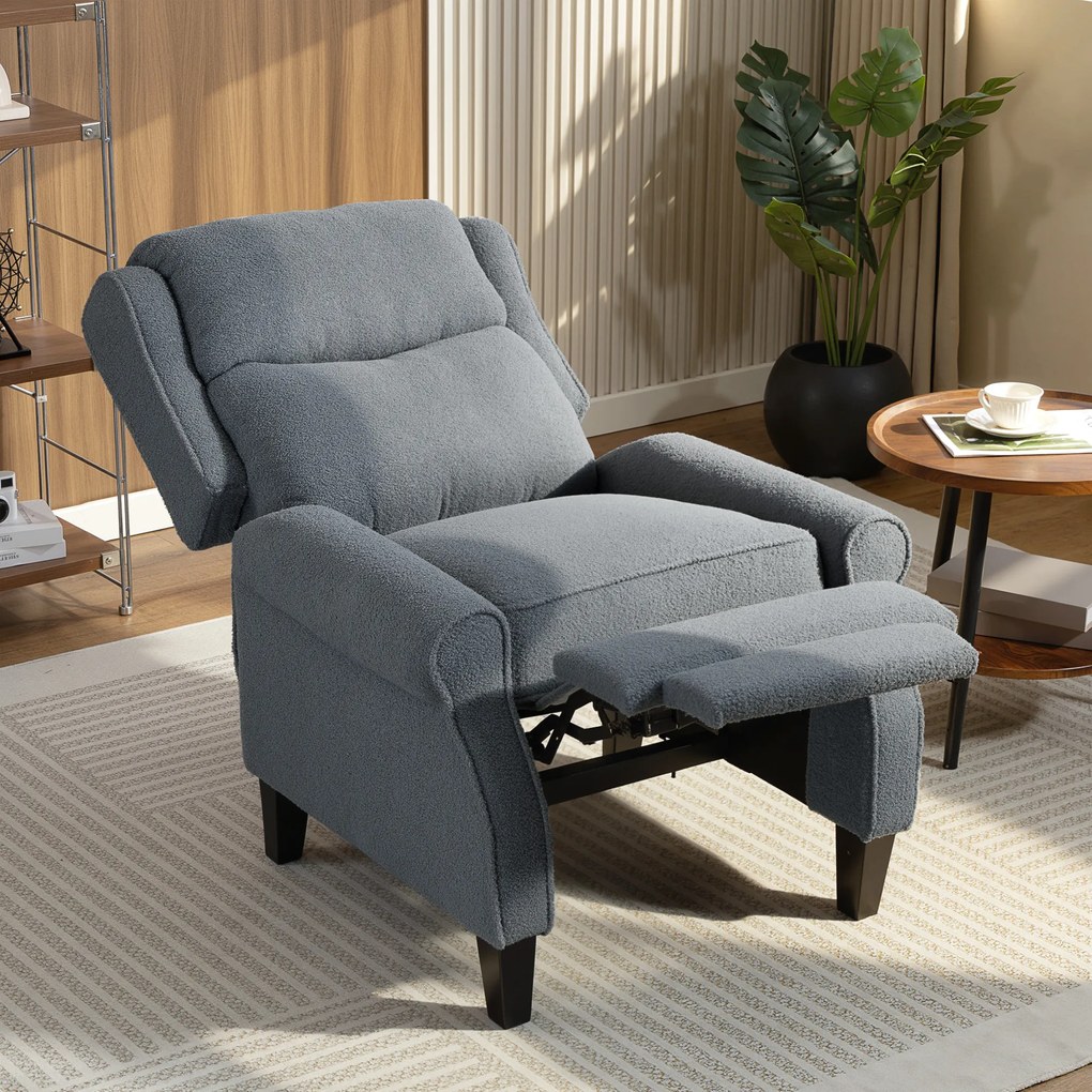 HOMCOM nastavitelná relaxační křeslo z teddym fleece, relaxační křeslo s vysouvací podnožkou, polstrované sedadlo, šedá 83B-604V00GY