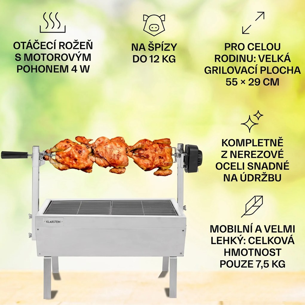 Klarstein Sauenland Mini, rotační gril s rožněm, otočný špíz, 4W, 12 kg max., nerezová ocel