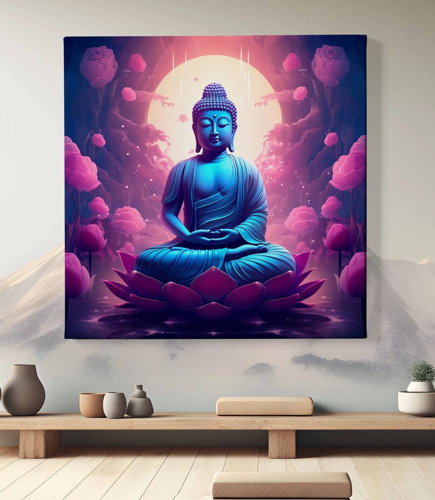 Obraz na plátně - Modrý Buddha lotosový květ FeelHappy.cz Velikost obrazu: 100 x 100 cm