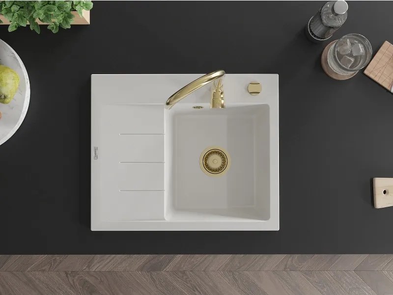 Mexen Ben, 1-komorový granitový dřez 600x500x190 mm, pravý + zlatý sifon, bílá, 6523605000-20-G