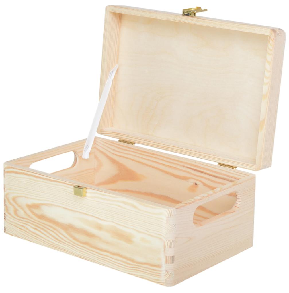Dřevěná bedýnka s víkem, otvory a zapínáním 30 x 20 x 13 cm nejen na hračky - přírodní borovice