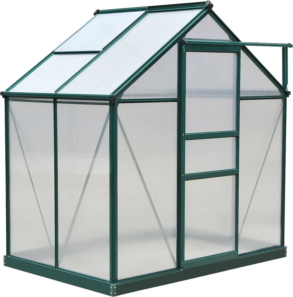 Outsunny Polykarbonátový Zeleninový Skleník 2,51 m² Hliníkový Skleník 190 x 132 x 201 cm UV-odolný, se Zpevněným Základem, Okapem, Střešním Okénkem a